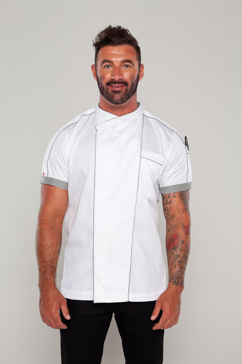 White chef jacket with grey trim | Ace Chef Apparels | Chef uniforms